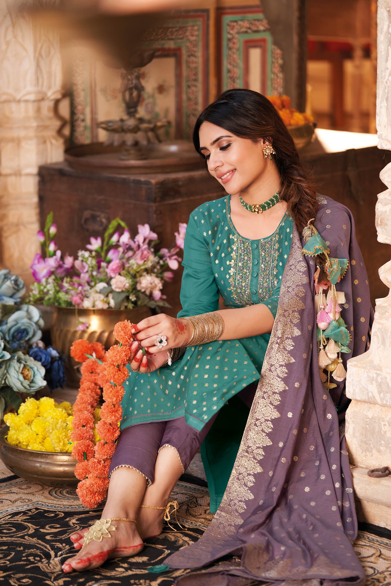 Ramar Green Chanderi Chudithar Dress Material Printed Dupatta Suit ...