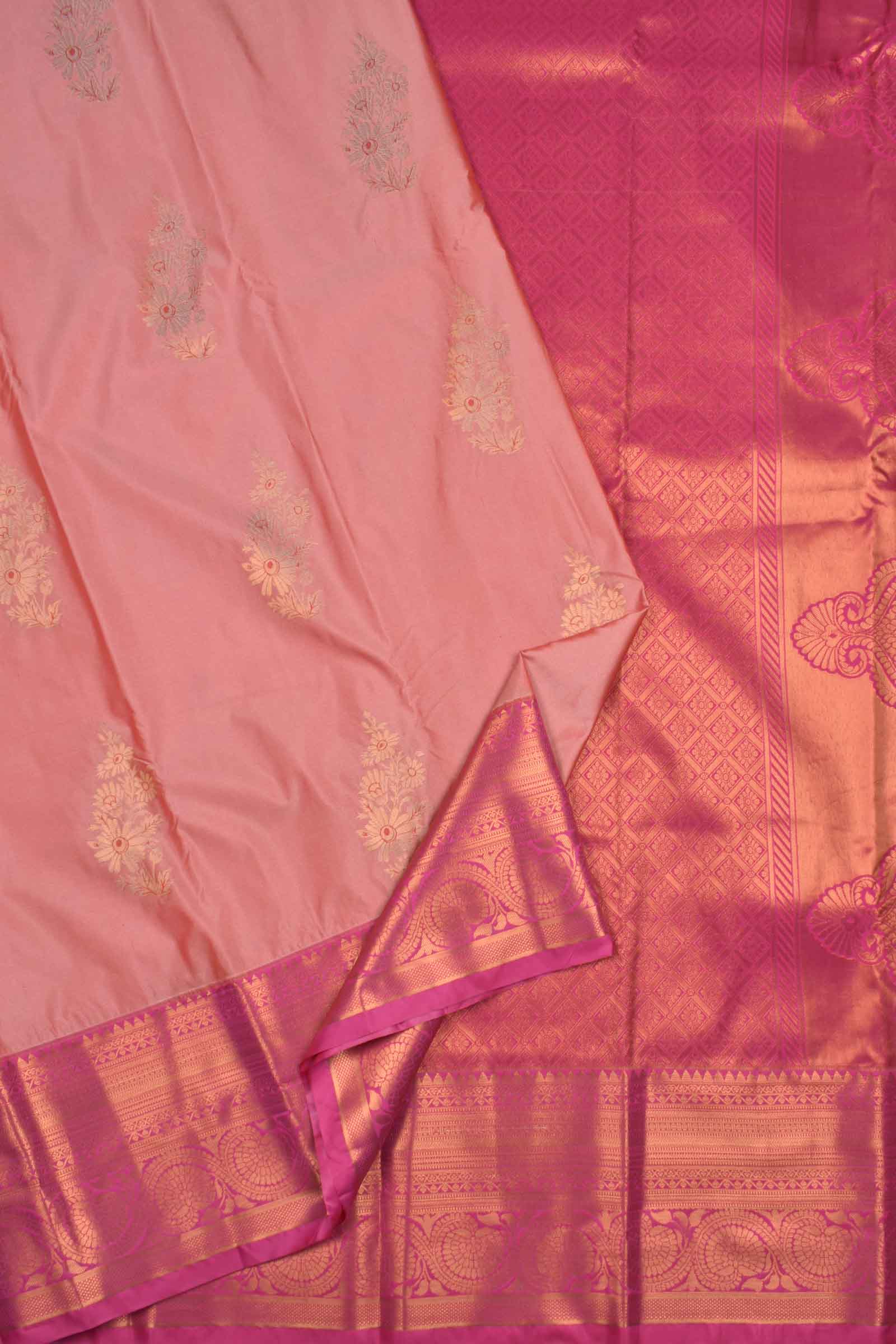 Pink Semi Soft Silk Floral Bouquet Butta Contrast Dark Pink Border Sar ...