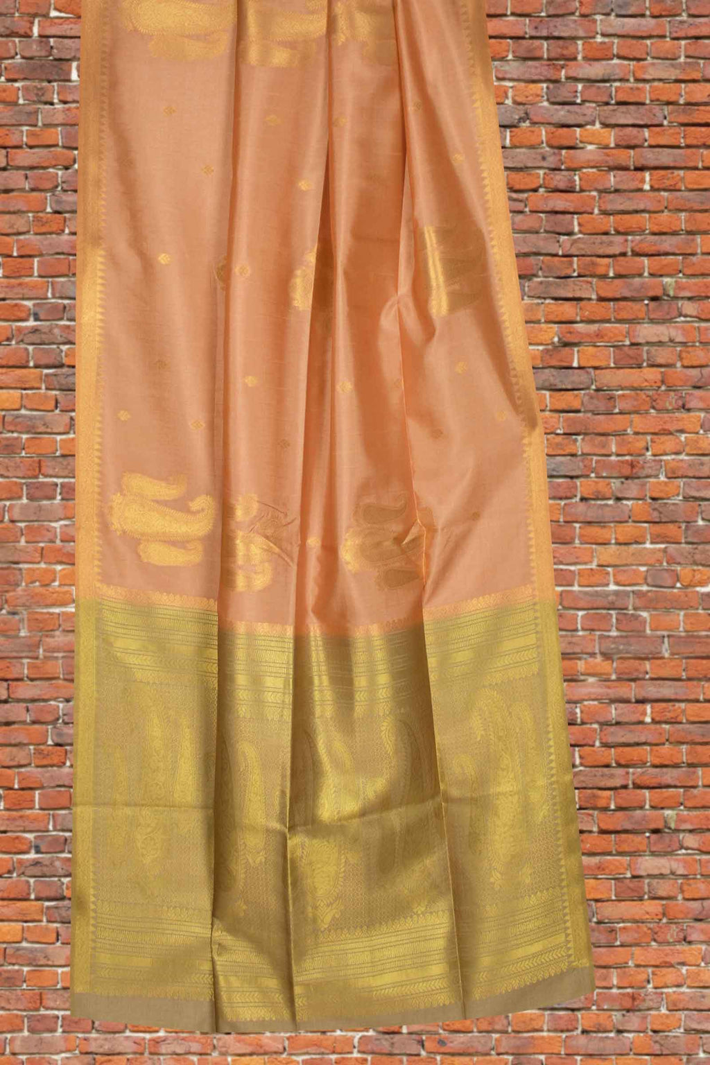 Light Orange Semi Tussar Mango Butta Zari Border Golden Green Mango Pa