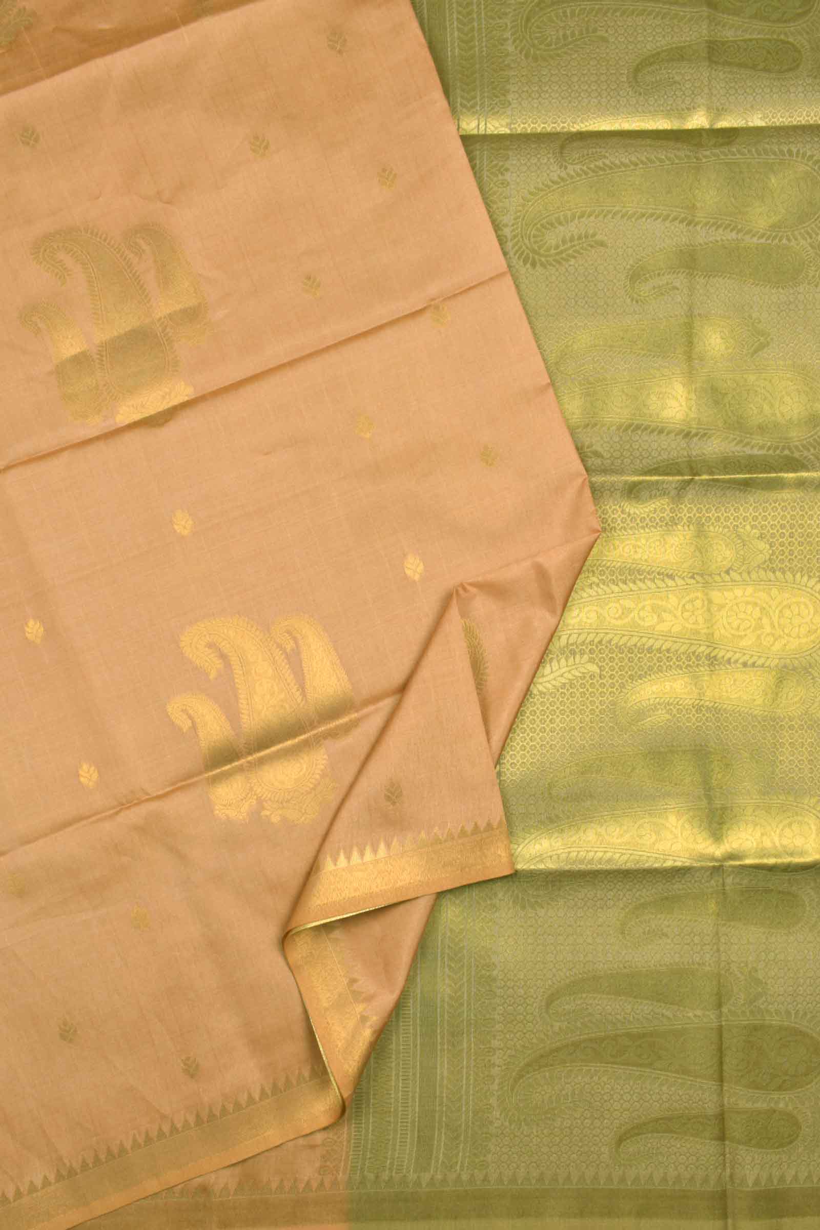 Light Orange Semi Tussar Mango Butta Zari Border Golden Green Mango Pa ...