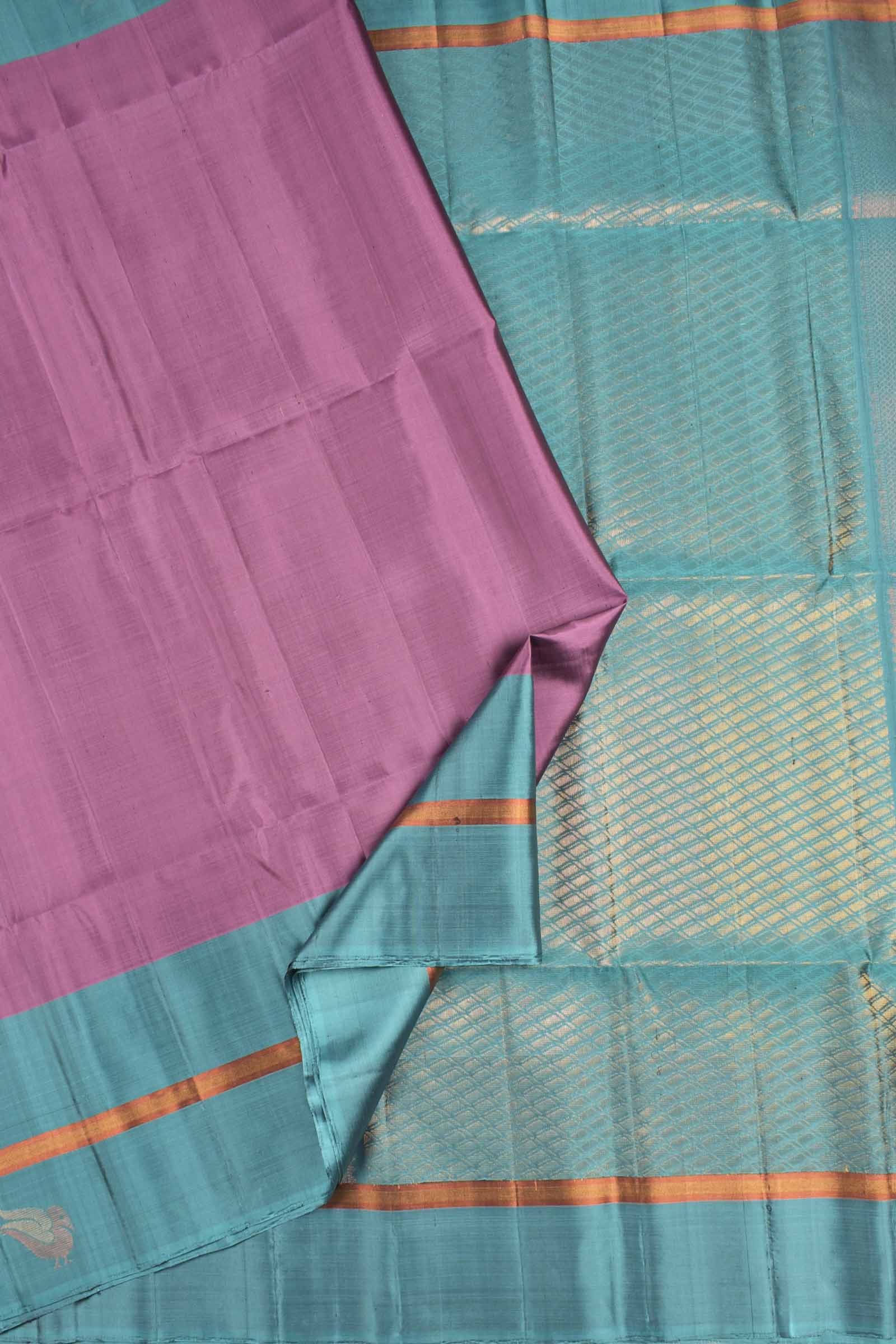 Voilet Pure Soft Silk Plain Contrast Blue Kuruvi Butta Copper Zari Bor ...